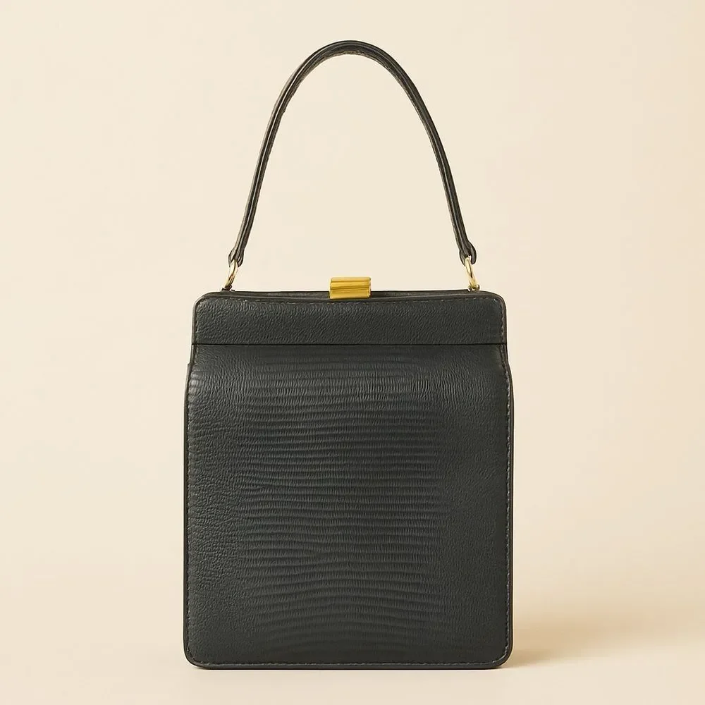 Vintage | Bags | Vintage Black Lizard Embossed Leather Top Handle Frame ...